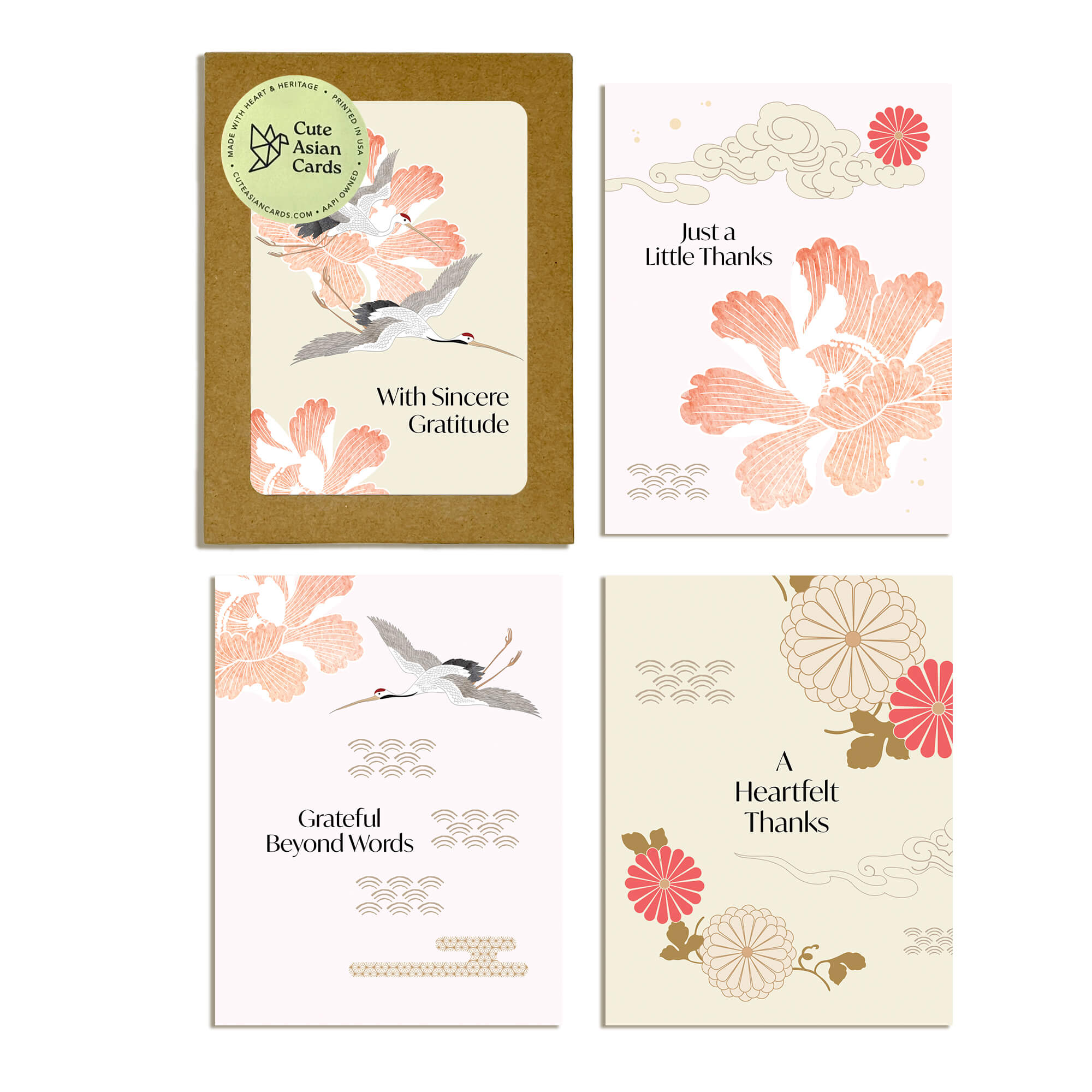 Crane & Peony 8 Assorted Thank You Greeting Cards | Asian Bird Box Set ...